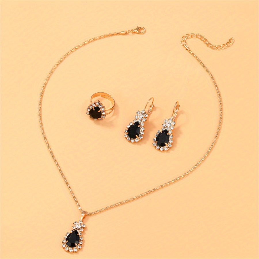 Water Drop Jewelry Set with Pendant Necklace & Earrings & Ring CZ ...